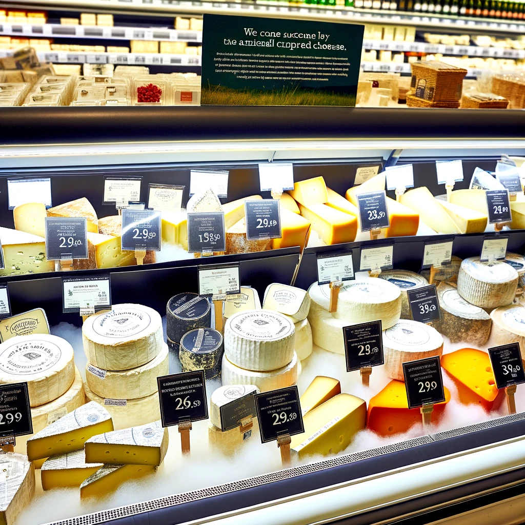 DALL·E 2024-02-18 11.14.33 - A cheese section in a grocery store ...