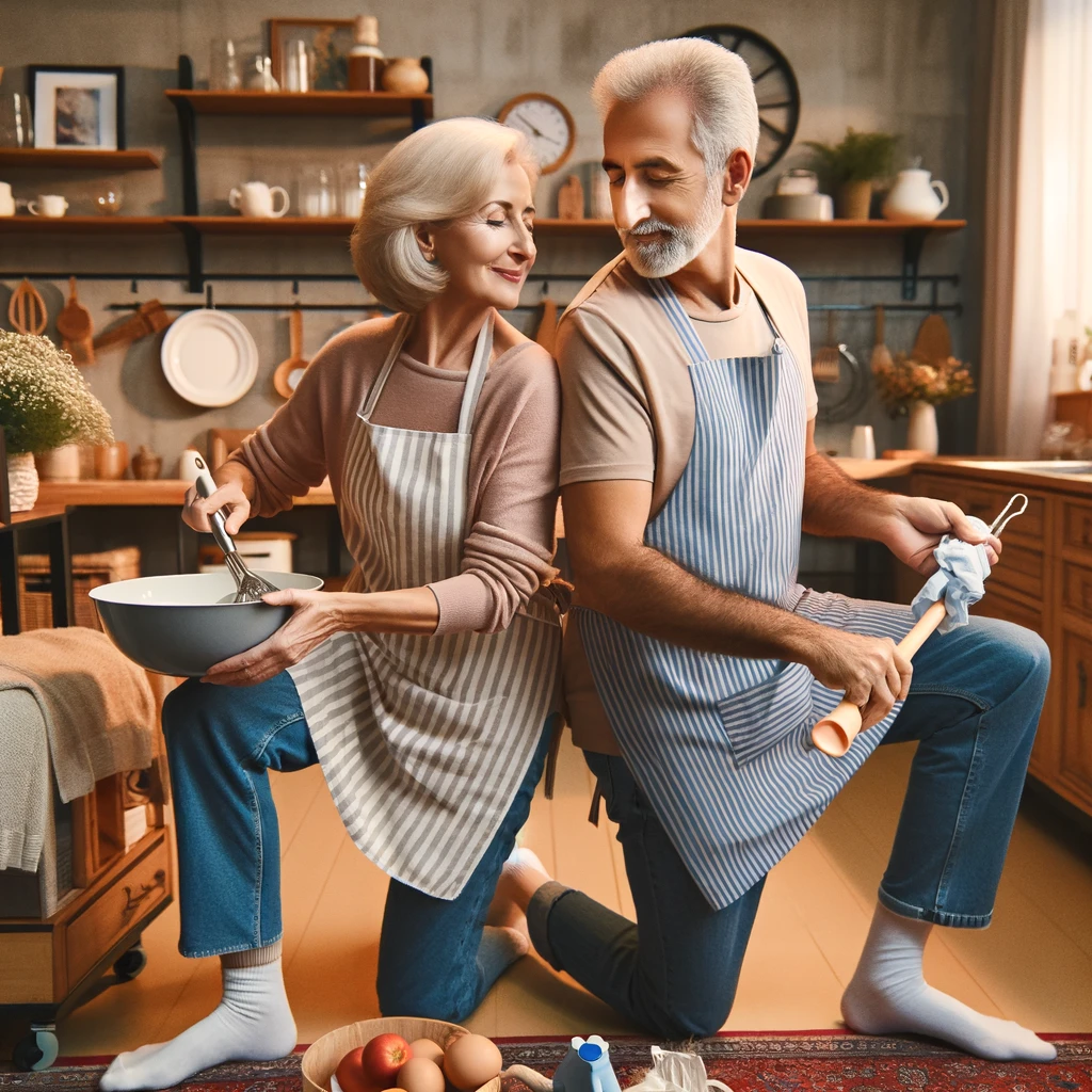 DALL·E 2024-02-18 17.58.02 - A couple in their 50s sharing household chores equally, embodying ...