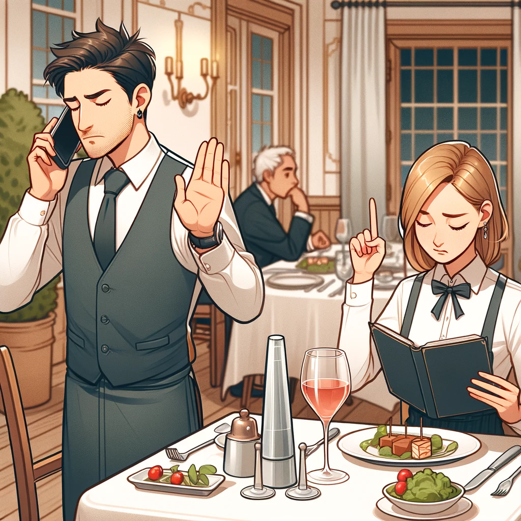 DALL·E 2024-03-03 19.04.43 - A waiter ignoring a guest who is trying to ...