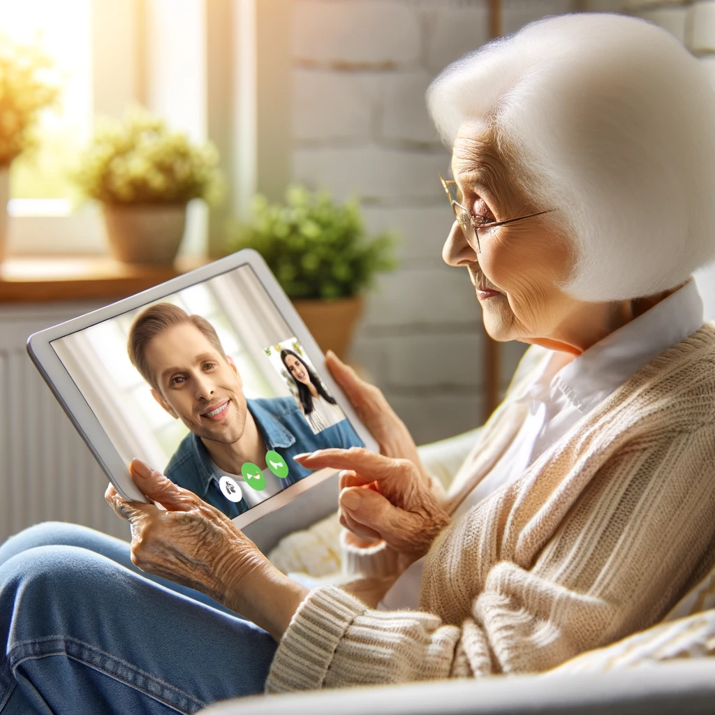 DALL·E 2024-03-20 21.39.36 - An elderly person using a tablet to video ...