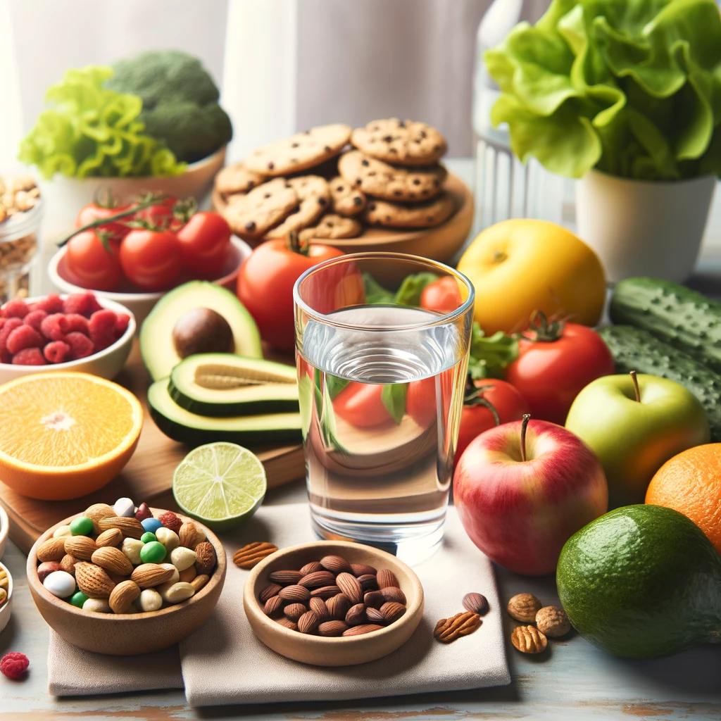 DALL·E 2024-03-20 21.39.38 - A glass of water and a variety of ...