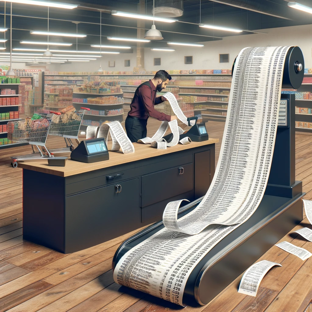 DALL·E 2024-03-27 13.16.50 - A visually busy checkout counter with a ...