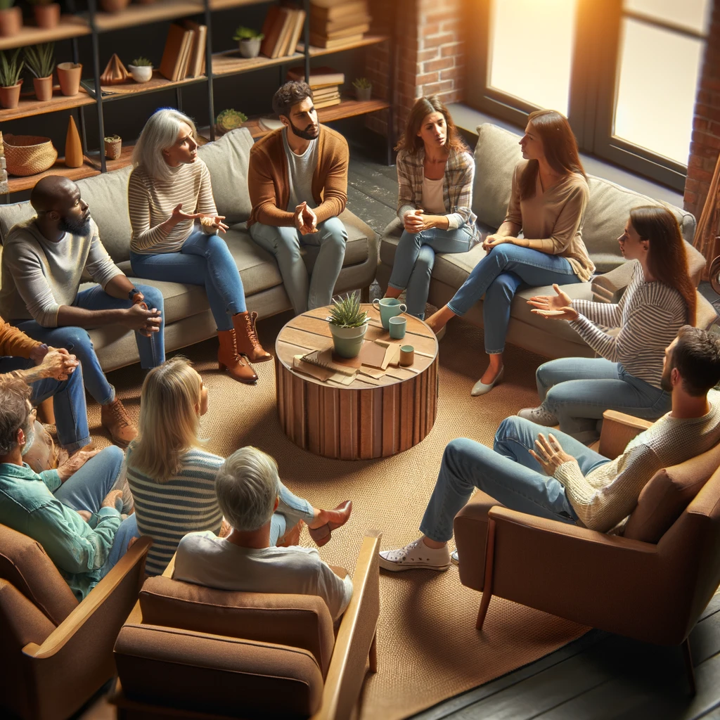 DALL·E 2024-03-21 20.59.53 - A diverse group of individuals engaged in a lively discussion in a ...