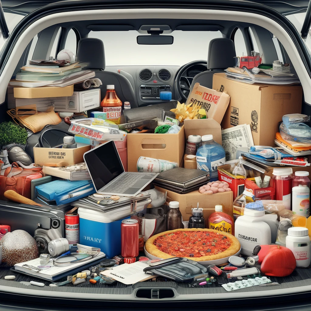 DALL·E 2024-04-18 03.39.02 - An image of a cluttered car trunk filled ...