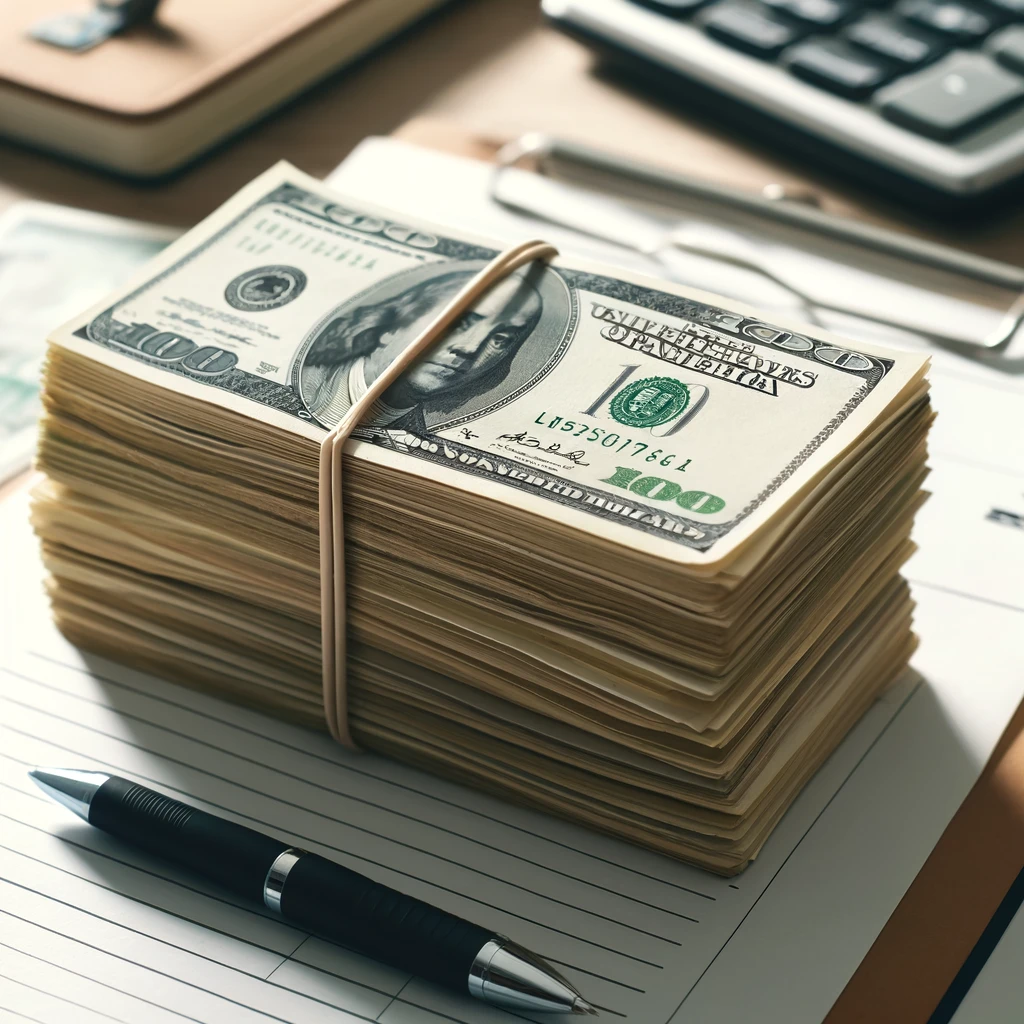 DALL·E 2024-04-26 10.02.19 - A stack of paper money on a table. The ...