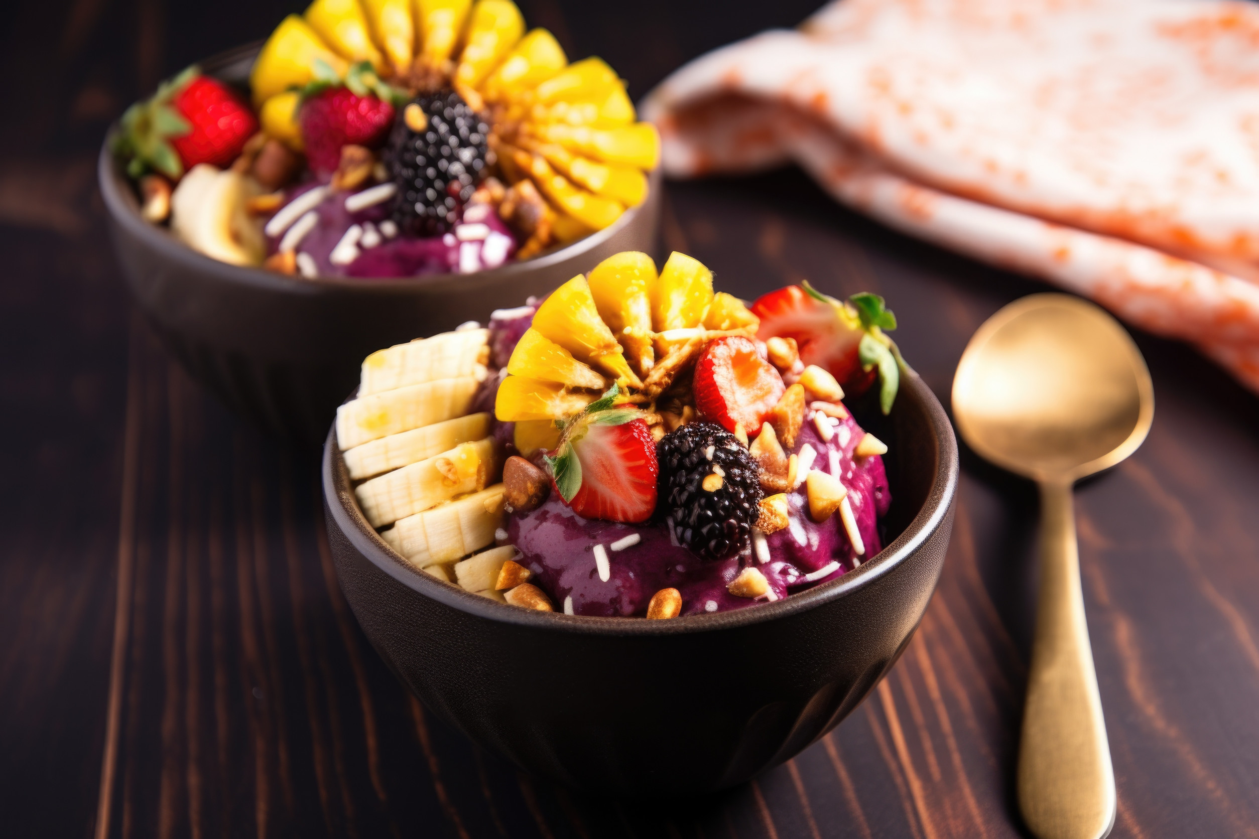 acai bowl with halved passionfruits and blackberry topping - Grocery ...